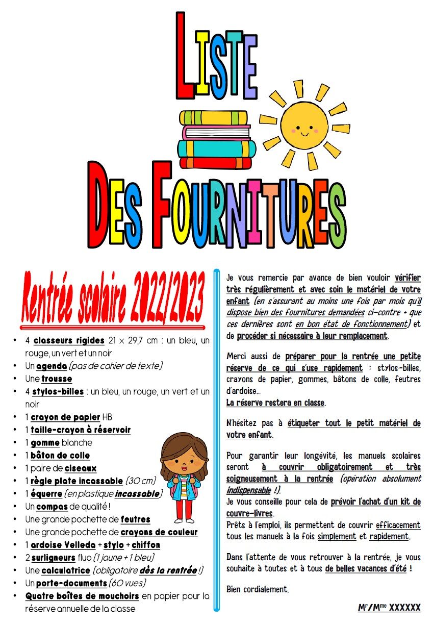 La rentrée des classes-La liste des fournitures scolaires ...