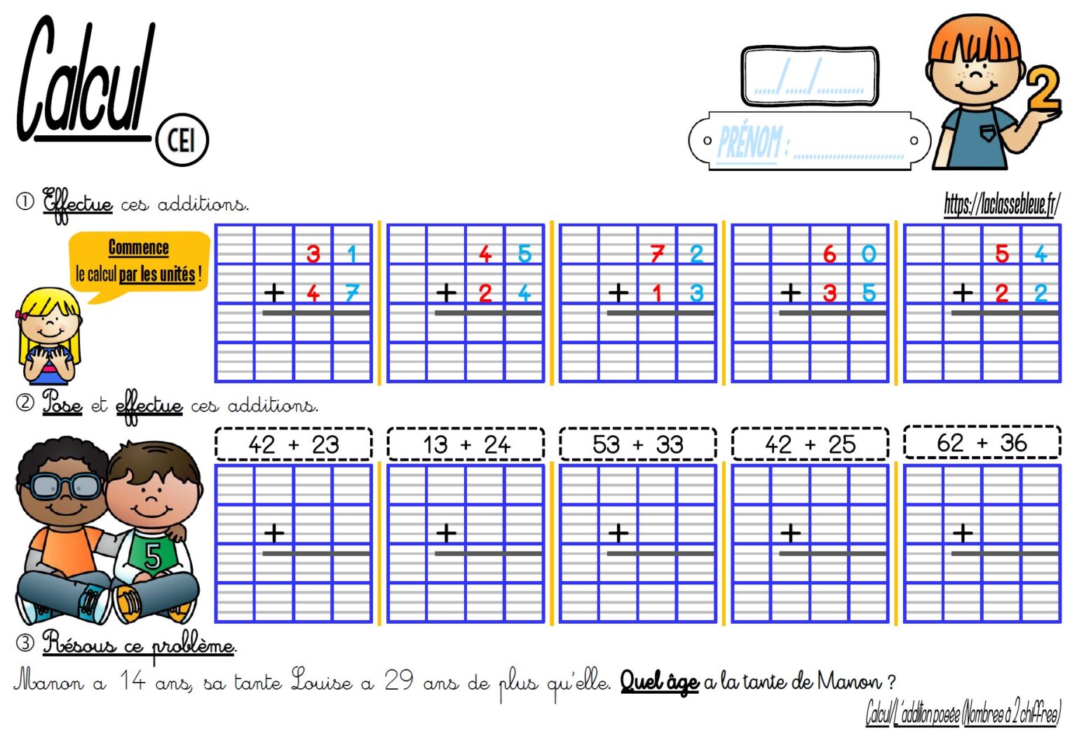 CE1-Calcul-L’addition posée (Nombres à 2 chiffres) - laclassebleue ...