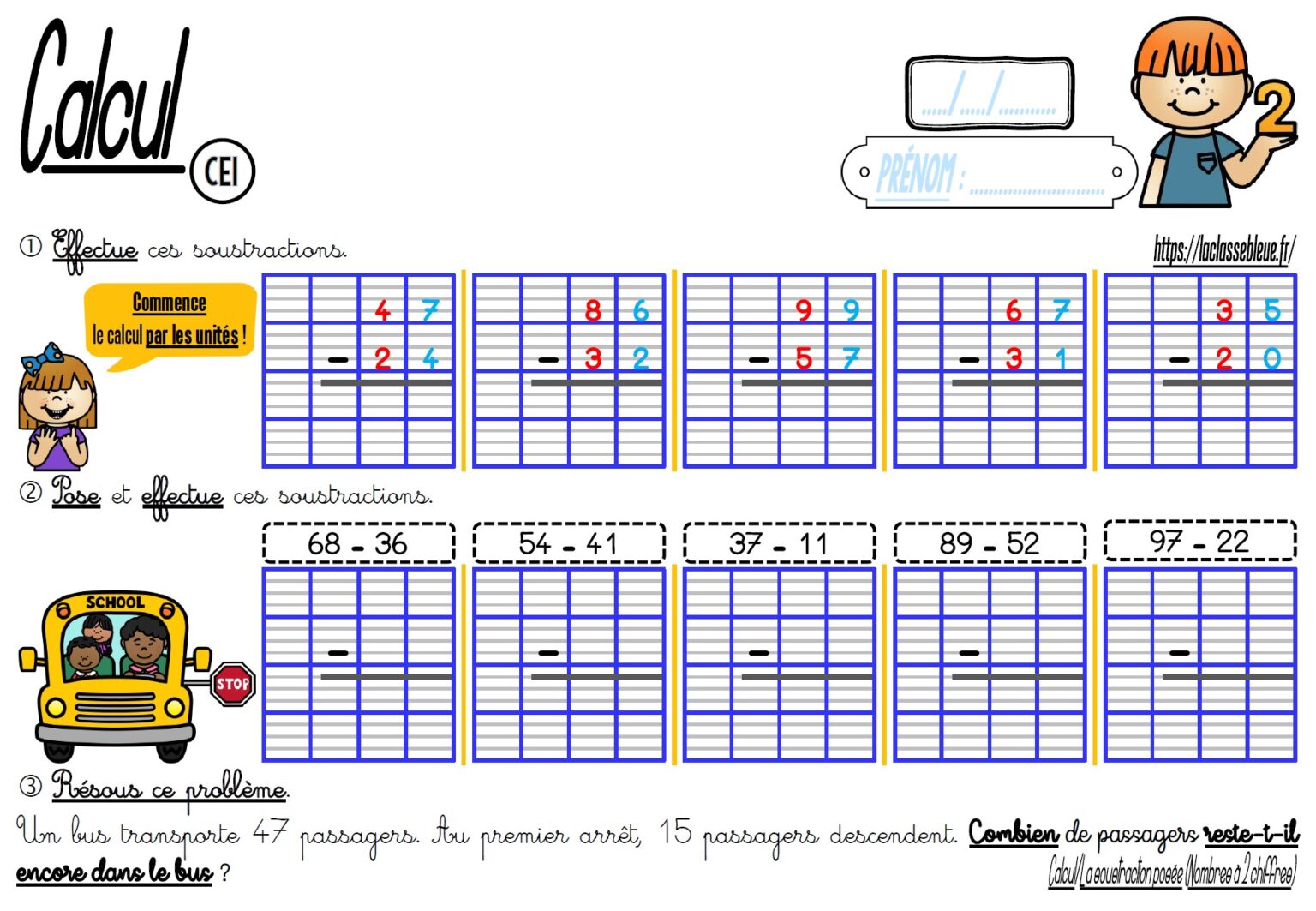CE1-Calcul-La soustraction posée (Nombres à 2 chiffres) - laclassebleue ...