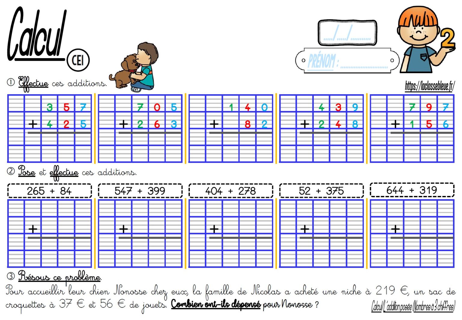 CE1-Calcul-L’addition posée (Nombres à 3 chiffres) - laclassebleue ...